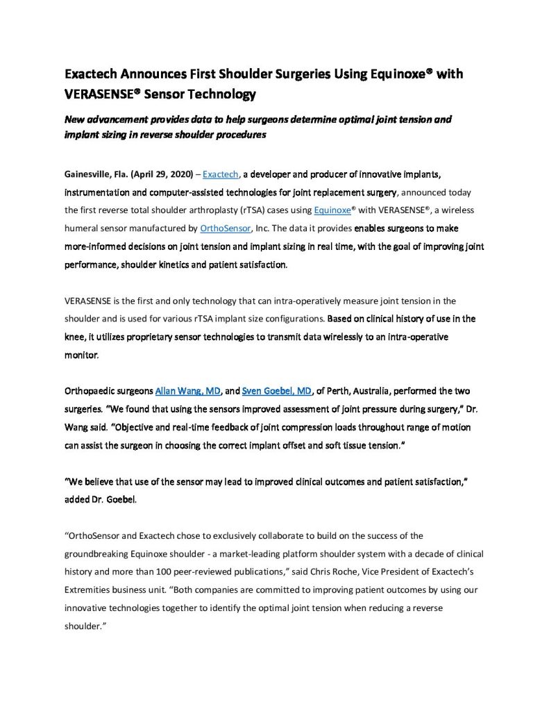 Exactech Announces First Shoulder Surgeries Using Equinoxe® with ...