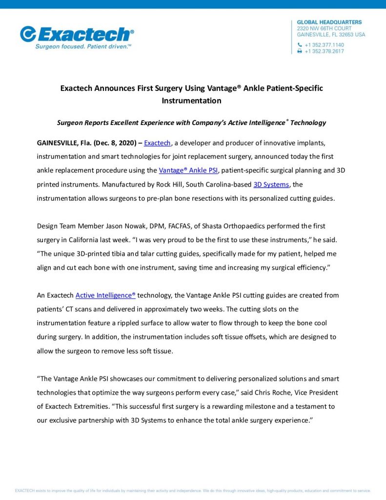 Exactech Announces First Surgery Using Vantage® Ankle Patient-Specific ...