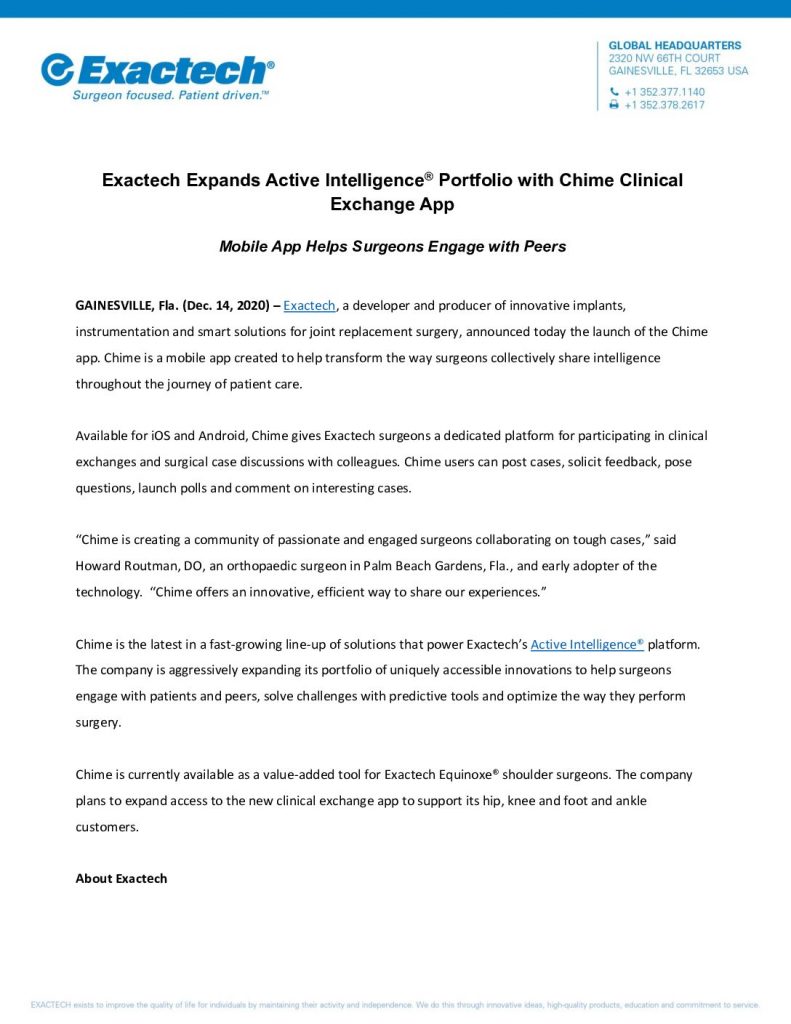 Exactech Expands Active Intelligence® Portfolio with Chime Clinical ...