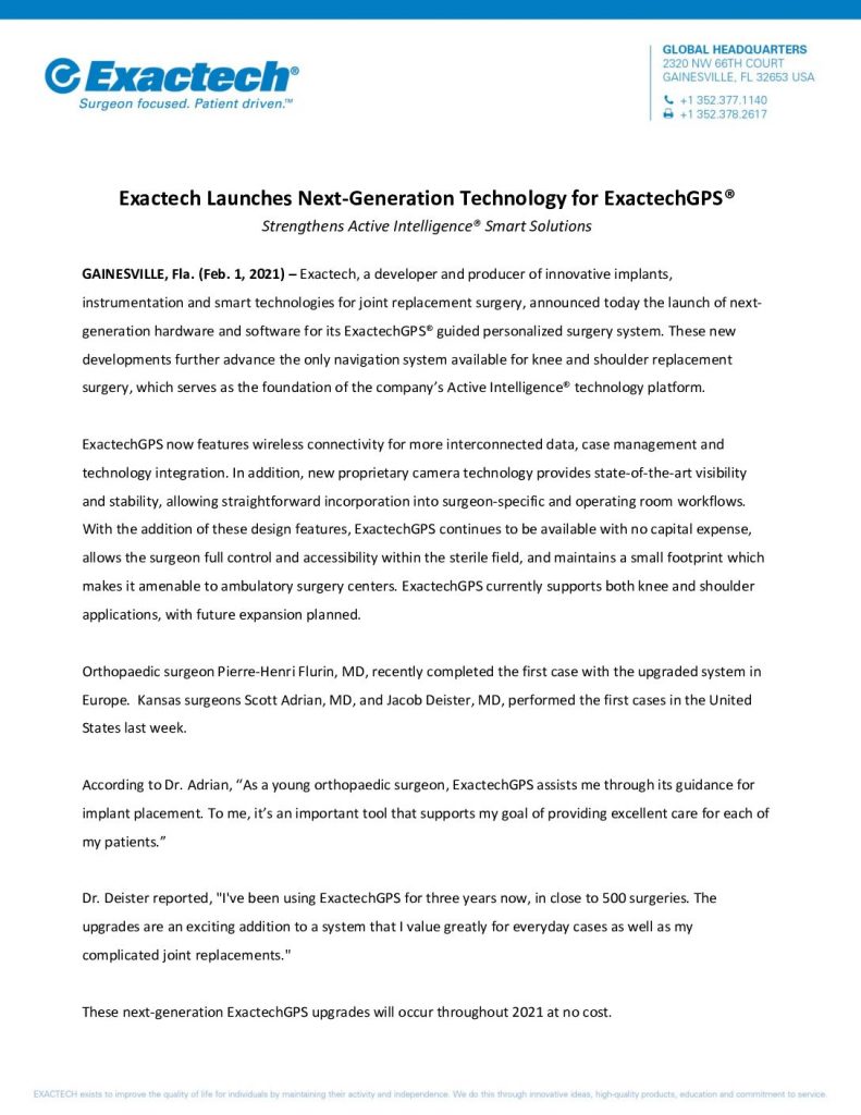 Exactech Launches Next-Generation Technology for ExactechGPS® Press ...