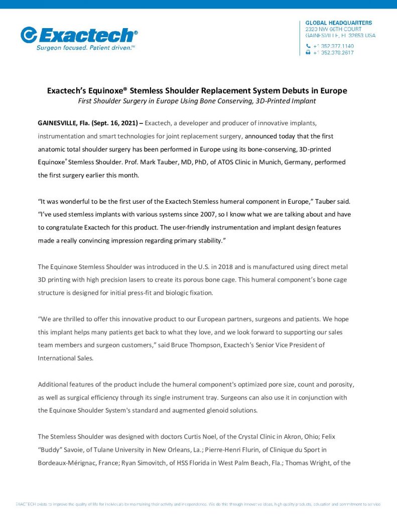 Exactech’s Equinoxe® Stemless Shoulder Replacement System Debuts in ...