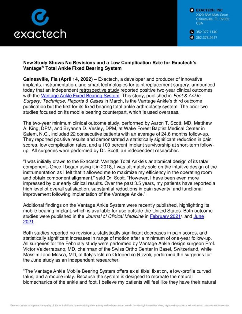 New Study Shows No Revisions and Low Complication Rate for Exactechs ...