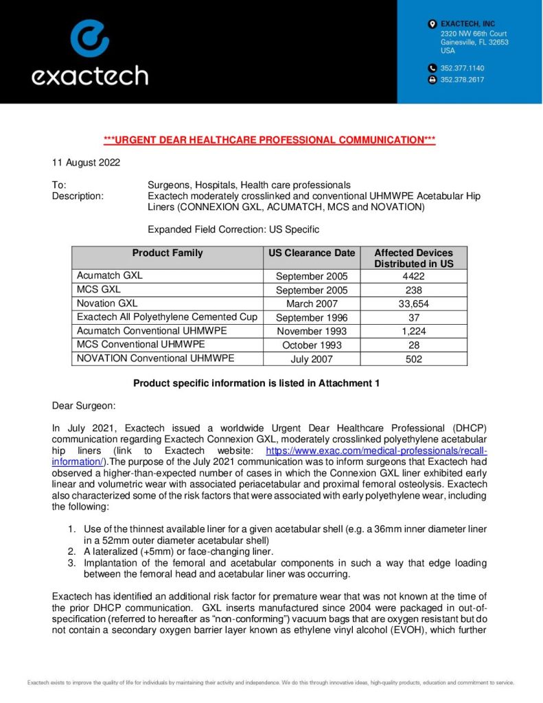 Exactech DHCP Letter Hip - US | www.exac.com