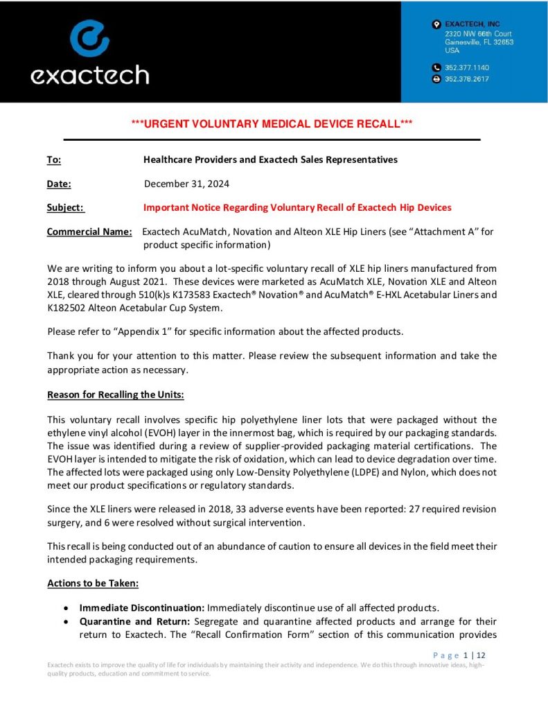 US Exactech AcuMatch, Novation and Alteon XLE Hip Liners - Recall ...